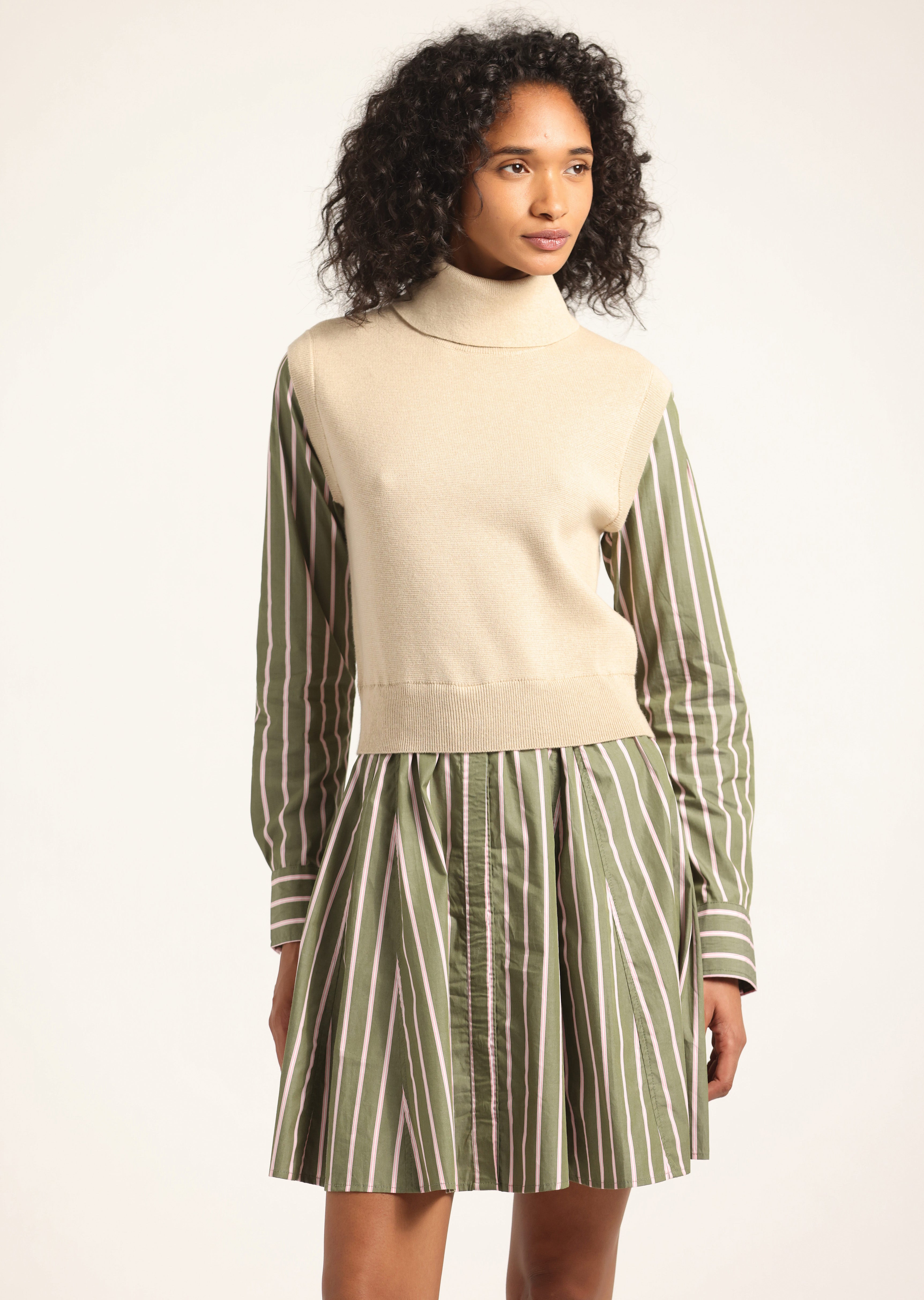 Cressida Mixed Media Dress - Oatmeal-Fatigue Multi Stripe – Derek Lam