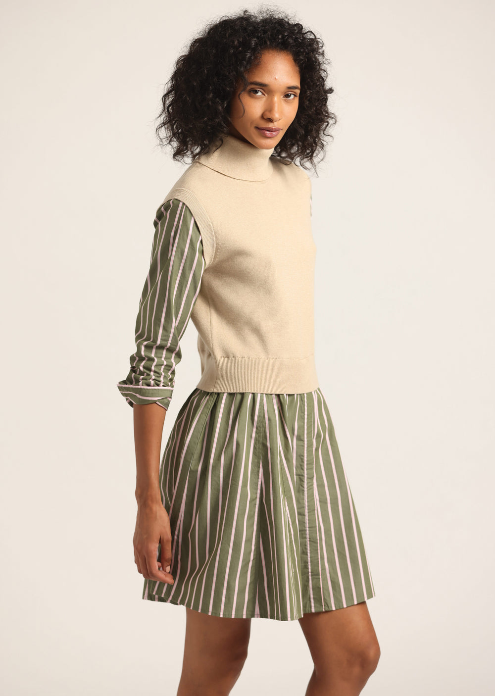 Cressida Mixed Media Dress - Oatmeal-Fatigue Multi Stripe – Derek Lam