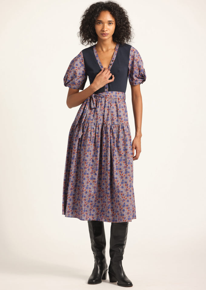 Natalia Mixed Media Dress - Navy-Dark Mocha Multi Floral – Derek Lam